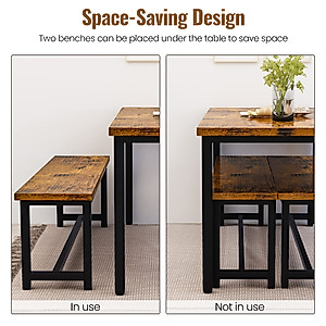 Recaceik Dining Table Set for 4 Kitchen Table Set with 2 Dining Benches, 3 Piece Farmhouse Dining Room Table Set Industrial Breakfast Nook Table Set for Small Space, Apartment, Rustic Brown