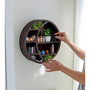 Crescent Moon Shelf Wall Decor - Rustic Wooden Moon Shelf for Crystals, Stones & Essential Oils - Wall-Mounted & Easy to Hang - Boho Shelf for Nursery or Bedrooms - 14 x 14 x 3.5 in. (Dark Brown)