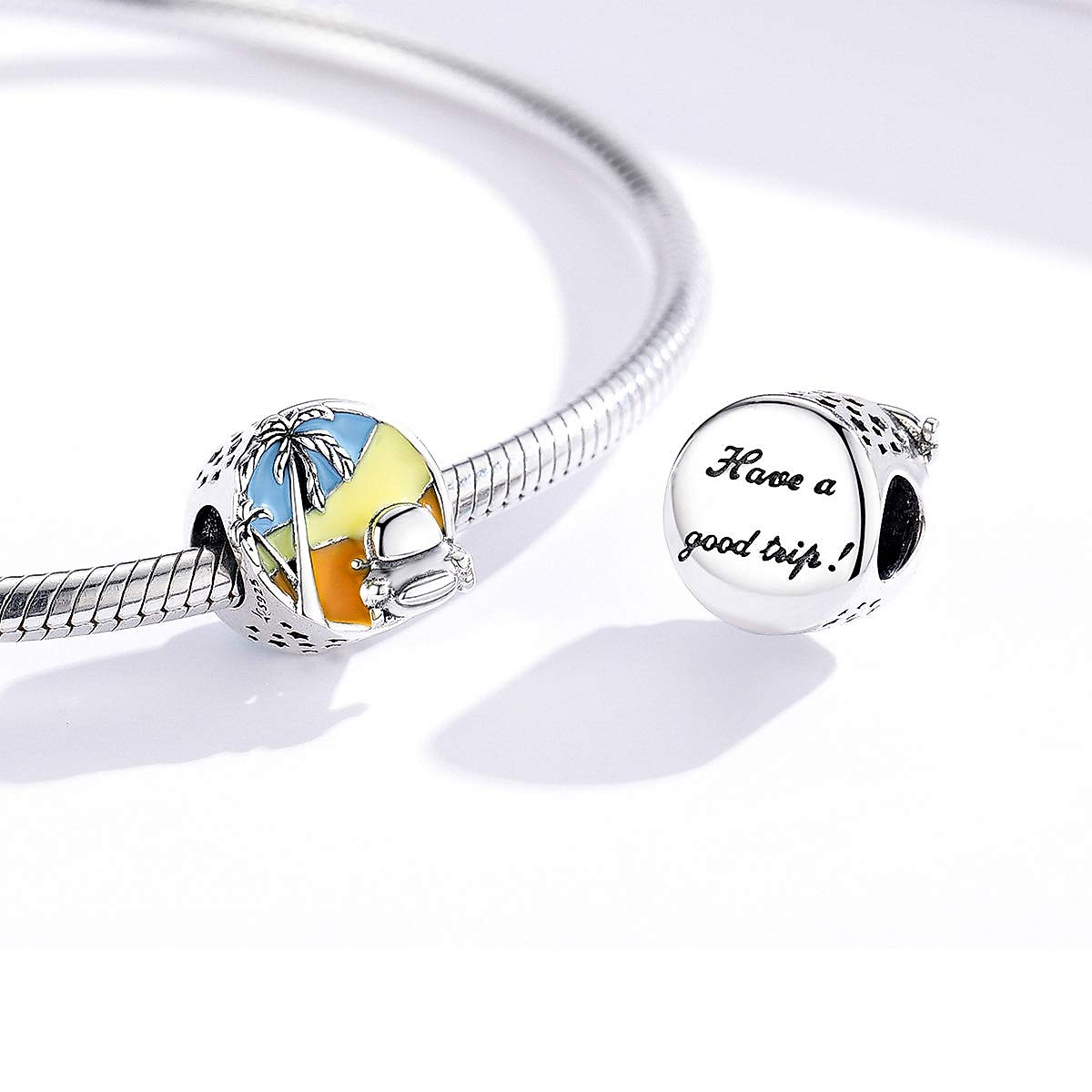 I Love Summer Charm Heart Charm,925 925 Sterling Silver Holiday at the Beach Charm fit Fashion Pandora Style Bracelet (Silver Palm tree & Summer Journey)