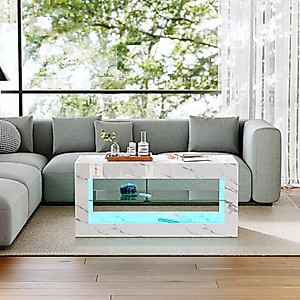 Coffee Tables for Living Room, Modern High Gloss Marble Print Center Table with Glass Open Storage and LED Lights - Stylish Home Decor for Coffee and More, White with Gloss