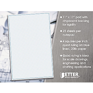 Graph Paper Pad, 17" x 11", 25 Sheets, Blue Line Border, Blueprint Paper, Double Sided, White, 4x4 Blue Quad Rule, Easy Tear Sheets, Grid Paper, Graph Paper by Better Office Products