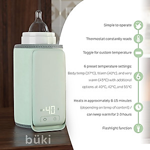 Büki Portable Bottle Warmer for Breastmilk or Baby Formula - Fast Heating + Leak-Proof + Adjustable Travel Warmer with Battery-Powered Temperature Display, Flashlight - 6000MAH Rechargeable Battery