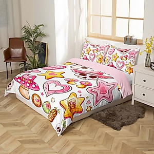 Pink Stars Hearts Bedding Set Tribal Cowgirl Hat Bedding Duvet Cover Kids Teens Gothic Skull Cute Comforter Cover Pink Yellow White Bedspread Cover Bedroom Quilt Cover 3Pcs Full,No Comforter