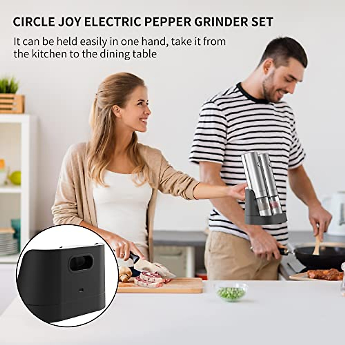 CIRCLE JOY Electric Salt and Pepper Grinder Set Stainless Steel Spice Grinder Automatic Pepper Mills with Easy-to-Carry Dual Charging Station, Brush, White Led Light, and Adjustable Coarseness