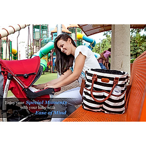 Kidnid Designer Baby Diaper Bag - Cotton Messenger Organizer Tote with Changing Pad, Black & White, 14-Inch