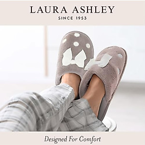 Laura Ashley Womens Plush Terry Open Toe Memory Foam Spa Slippers, Rubber Sole Bow Band Home Slides Slipper for Ladies, Resort Blue, Medium