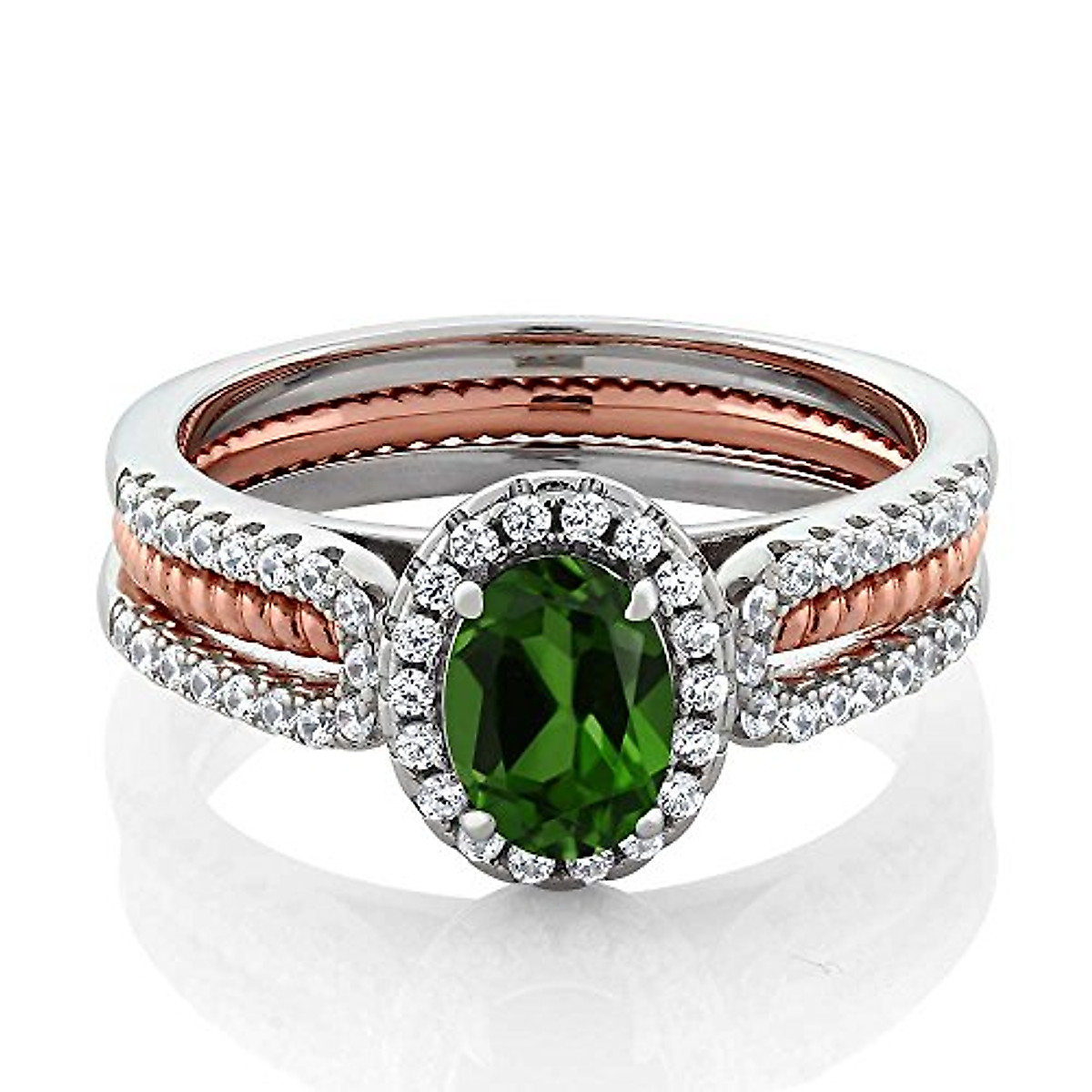 Gem Stone King 925 2-Tone Sterling Silver Chrome Diopside Wedding Band Insert Stackable Ring For Women (1.32 Cttw, Available In Size 5, 6, 7, 8, 9)