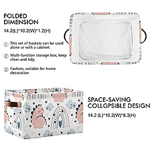 Pink Dinosaur Storage Basket Set of 2 Large Fabric Rainbow Storage Basket Bins Box Cube with Handles Collapsible Closet Shelf Clothes Organizer Basket for Nursery Bedroom
