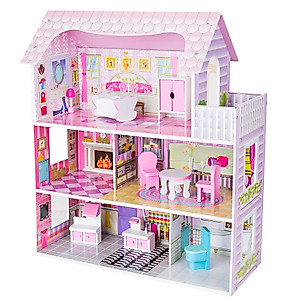 Wooden Dollhouse with Furniture for Kids Girls, Toys for 3 4 5 6 Years Old (Style 3)