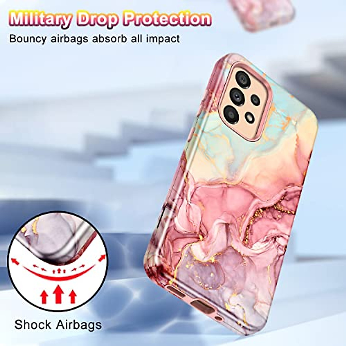 Btscase for Samsung Galaxy A53 5G Case, Marble Pattern 3 in 1 Heavy Duty Shockproof Full Body Rugged Hard PC+Soft Silicone Drop Protective Women Girl Cover for Samsung Galaxy A53 5G,Rose Gold