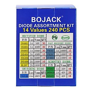 BOJACK 14 Value 240 pcs Diode Assortment Kit Contain Rectifier/Fast Recovery/Schottky/Switching Diode 1N4001 1N4004 1N4007 1N5404 1N5406 1N5408 RL207 FR107 FR207 UF4007 1N5817 1N5819 1N5822 1N4148