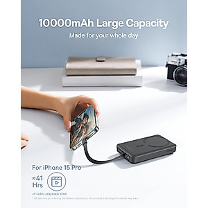 Baseus Magnetic Power Bank, 30W PD Fast Charging 10000mAh for Magsafe Battery Pack Built-in USB-C Cable (in&Out), Power Bank for iPhone 15 Pro Max, iPhone 15/15 Plus/15 Pro, Galaxy, iPad, Pixel, etc.