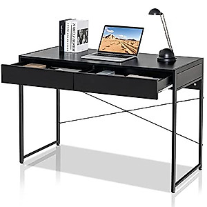 GOFLAME 44 inch Computer Desk with 2 Storage Drawers, Home Office Desk with Steel Frame, Simple Study Writing Workstation, Makeup Vanity Console Table for Living Room, Bedroom & Study (Black)