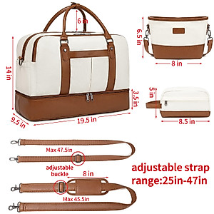 BOVIP Weekender Bag Overnight Bag Large Canvas Travel Bag Duffel Bag with Shoe Compartment Carry On Tote for Women 3-IN-1 Beige Set