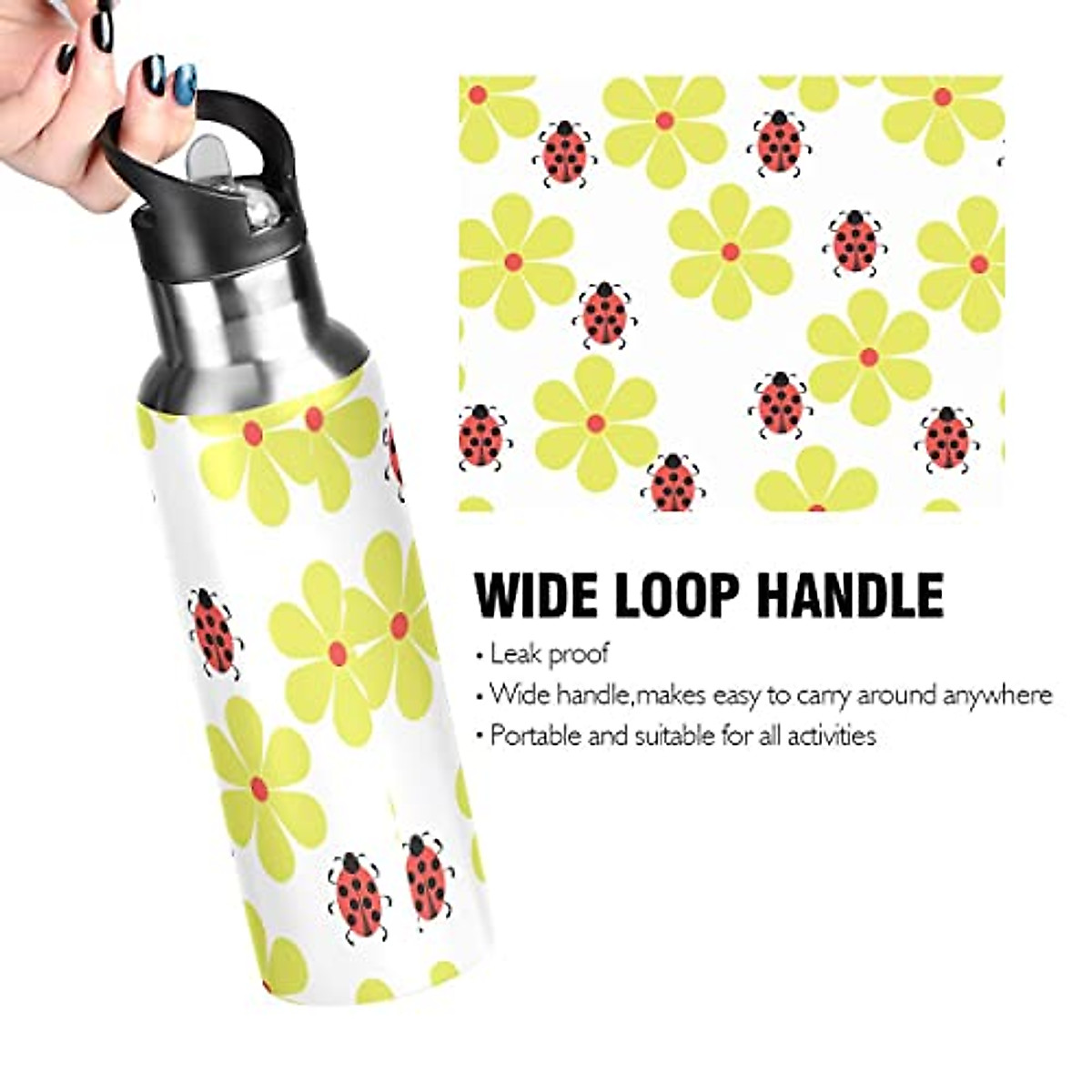 xigua Ladybug Water Bottle Double Walled Stainless Steel Leak Proof Thermo Flask for Sports Gym Cycling Outdoor,20 oz.