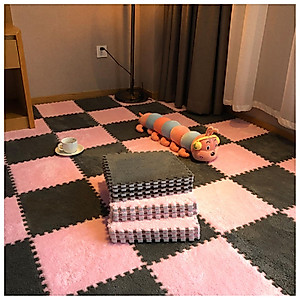 Thicken Modular Interlocking Carpet,12x12x0.4in Square EVA Foam Floor Mats Soft Fluffy Area Rugs for Bedroom, Anti-Slip Play Exercise Tiles Mats(Size:32pcs,Color:Dark Gray + Pink)