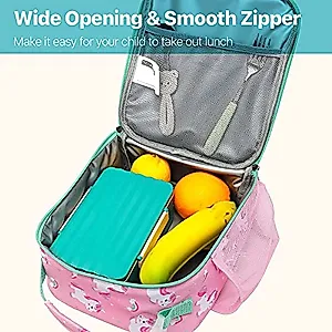 Bagseri Kids Lunch Box, Insulated Lunch Box Bag for Girls, Portable Reusable Toddler Lunch Cooler Bag for School, Water-resistant Lining（Pink, Unicorns）