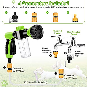 Pup Jet Dog Wash 7 Pieces Pet Bathing Tool Set Include Hose Nozzle Foam Sprayer with Connectors, Dog Rubber Comb Brush and Wash Mitt, for Showering Pet, Car Wash and Watering Plants Green