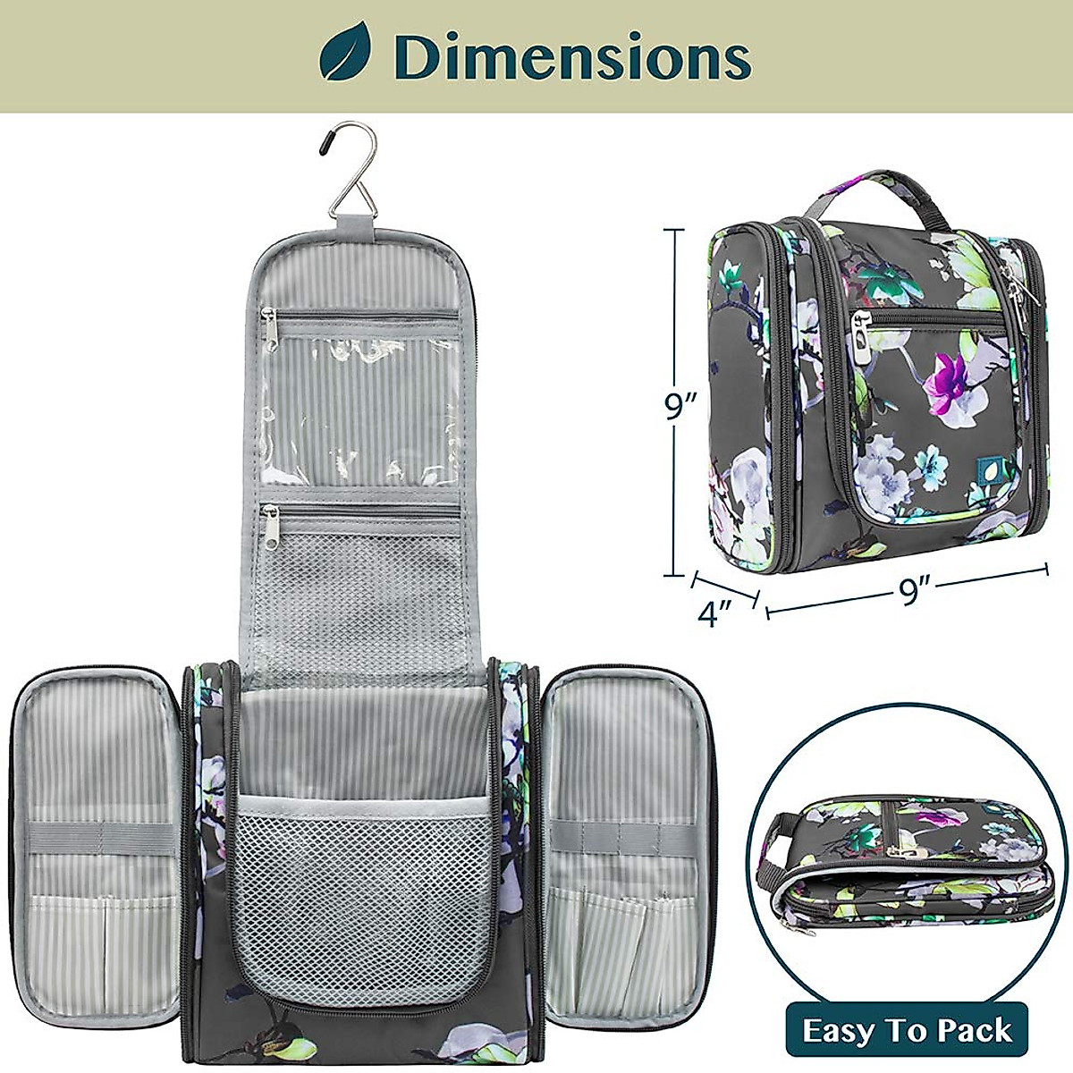 PAVILIA Toiletry Bag Travel Bag for Women Men, Hanging Cosmetic Organizer, Water Resistant Makeup Bag for Accessories Toiletries, Large Travel Essentials Kit (Floral Grey)