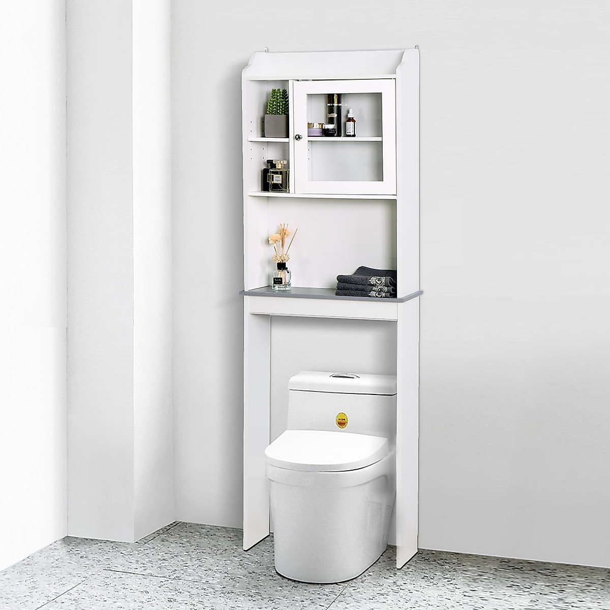GOAWGO Modern Over The Toilet Space Saver Organization Wood Above Toilet Storage Cabinet with Glass Doors and Adjustable Shelves for Home,Bathroom Cabinet Over Toilet，White