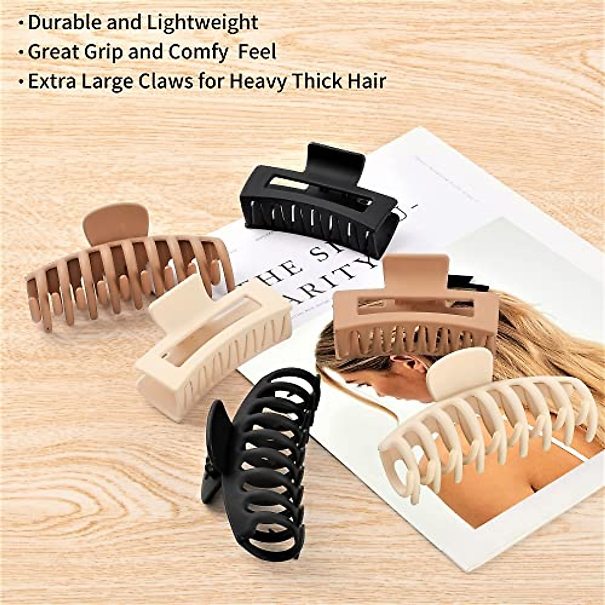 79Style 6pcs Big Hair Claw Clips Neutral Colors Hair Clips For Women 4.3 Inch Claws Clips For Thick Banana Clips 3.5 Inch Claw Clip Medium Large Hair Claws Square Matte Jumbo Hair Clip Cute Hair Accessory (Neutral)