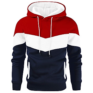 Gesean Men's Novelty Color Block Pullover Fleece Hoodie Long Sleeve Casual Sweatshirt with Pocket Red Large