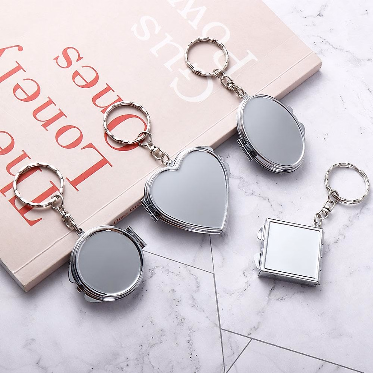 Metal Portable Folding Mirror Key Chain Round Square Heart Shape Cosmetic Mirror Compact Travel Pocket Mirror with Key Ring Keychain(Circular)