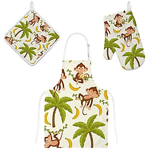 Top Carpenter Polyester Insulation Kitchen Oven Mitts Potholder Apron 3Pcs Set Monkey On Palm Tree Non Slip Heat Resistant Gloves for Baking Cooking BBQ