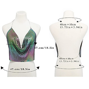 Foyte Boho Shiny Sequins Body Chain Top Deep V Neck Bra Body Jewelry Bikini Crop Top Shirt Waist Chains Nightclub Party Body Jewelry Accessory for Women