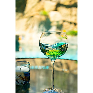 Antoni Barcelona Wine Glass Large Stem 21oz Mediterranean Art Handblown Handpainted Glassware Unique Gifts Ideas Women Men Birthday (Blue, Set 2)