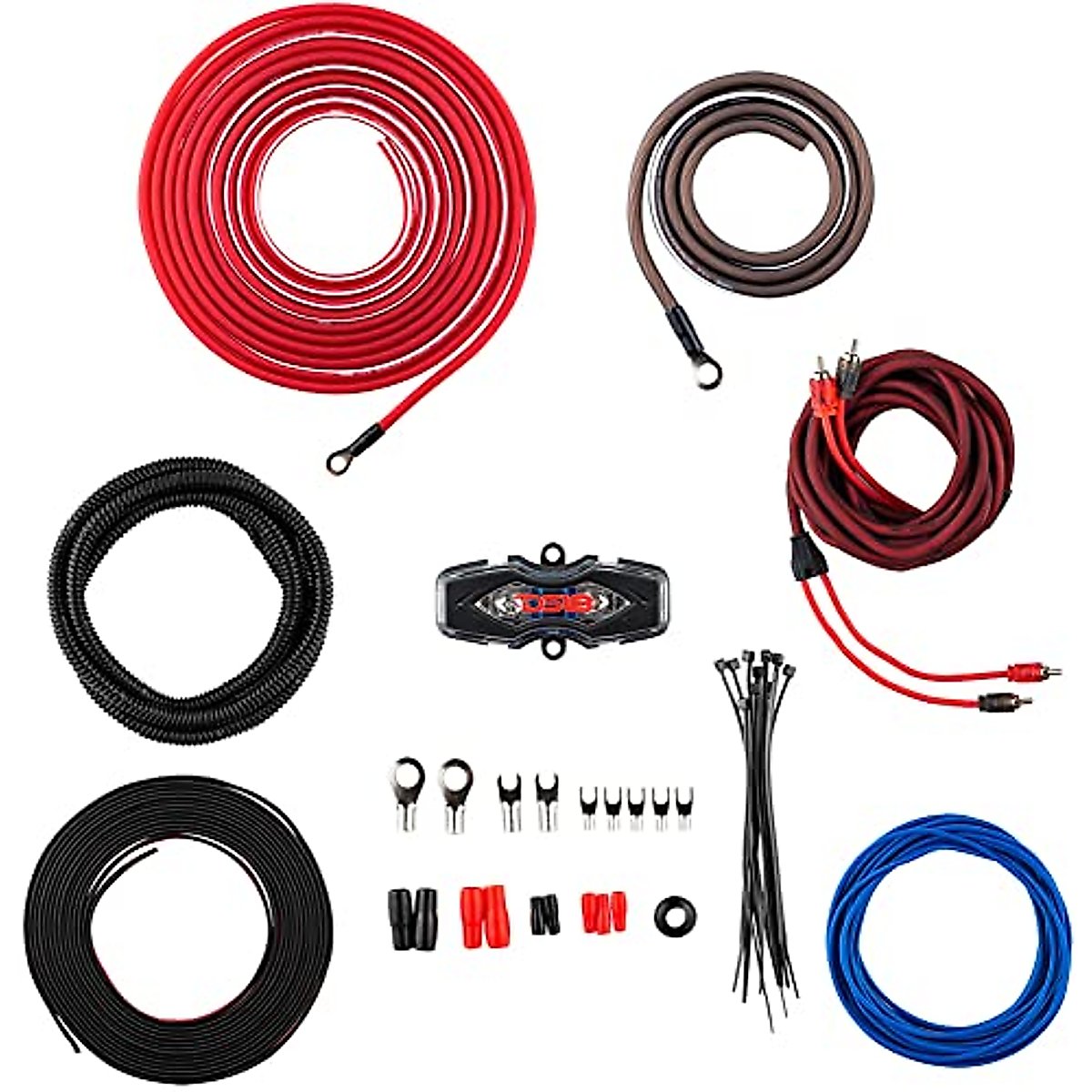 KICKER Subwoofer and Amp Package of 3 Items - 8" CompRT 600 Watt Max Sub, DS18 Class D 2-Channel Amplifier, and Complete 8AWG Wiring Kit