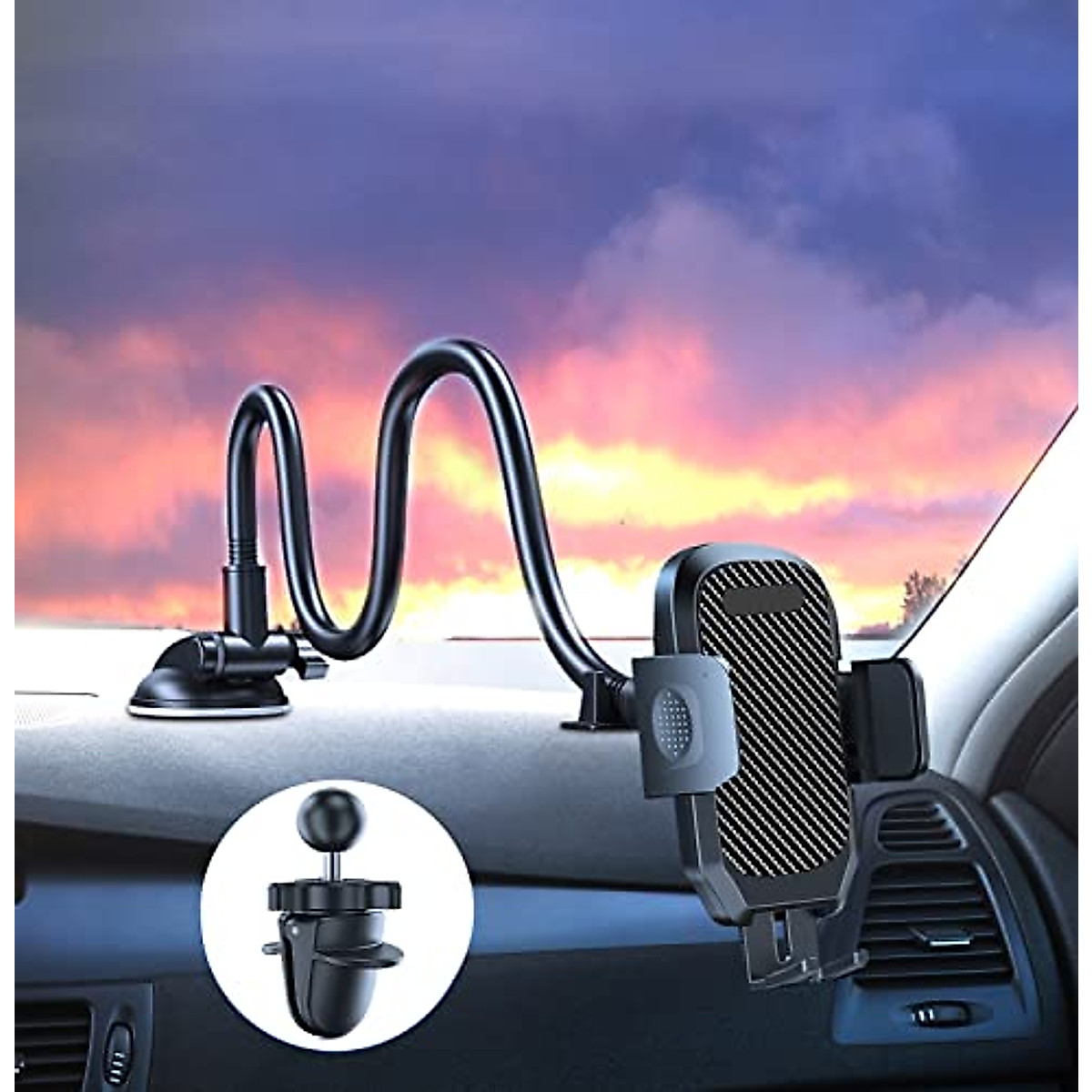 Cell Phone Holder for Car, Car Phone Holder Mount Long Arm for Truck Car Dashboard Windshield Air Vent Sturdy Phone Holder Strong Suction Anti-Shake Stabilizer for iPhone 14 13 12 Pro Max ,Samsung S21