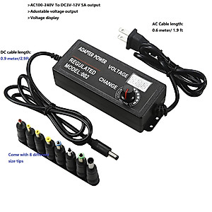 Universal Adjustable AC/DC Switching Power Adapter,AC to DC Power Supply Adapter 3-12v 5A Switching Adjustable Output with Multiple Tips,Black