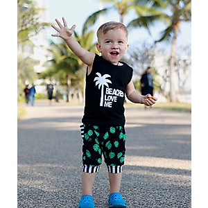 YOUNGER TREE Toddler Baby boy summer clothes Beaches Love Me Sleeveless Vest Tops+Shorts Kid Casual outfits (Black, 6-12 months)