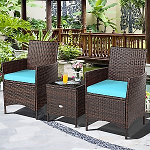 Toolsempire 3 Pieces Patio Furniture Set, Wicker Outdoor Furniture with Water-Resistant Cushion & Tempered Glass Top Table, Conversation Set Bistro Set for Porch, Balcony, Backyard (Turquoise)