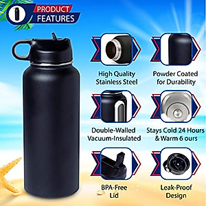 Gadsden Don't Tread On American Flag Water Bottle - DTOM Double Walled Stainless Steel Insulated Water Tumbler - Two-Sided Engraved Hydration Bottle Hot or Cold / 32 oz by Flaskimo