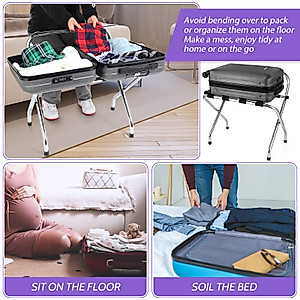 Therwen 4 Pack Steel Folding Foldable Luggage Rack with Back Suitcase Stand Shelf with Support Bar Folding Metal Suitcase Stand with Belts for Bedroom Hotel Guest Room, Chrome Silver