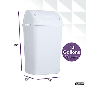 Superio Kitchen Trash Can 13 Gallon with Swing Lid, Plastic Tall Garbage Can Outdoor and Indoor, Large 52 Qt Recycle Bin and Waste Basket for Home, Office, Garage, Patio, Restaurant (White)