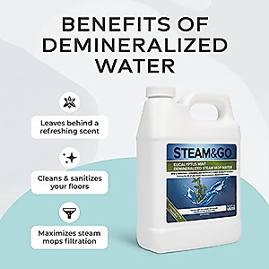 Steam & Go - Demineralized Water for Steam Cleaner, PVC-Free Floor Cleaner Liquid Compatible With Any Mop Steamer, Ready-to-Use Multisurface Cleaner, Scented Mop Solution, Eucalyptus Mint, 32 oz