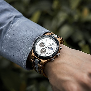 BOBO BIRD Mens Quartz Wooden Watches Stainless Steel Red Sandalwood Alloy Wood Watch for Male Classic Function Wristwatch Chronograph Luminous Hands (Silver)