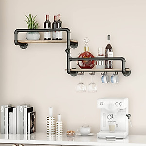 Wine Rack Wall Mounted 2 Tier,43.3" Rustic Wine Bottle Glass Hanging Floating Liquor Bar Shelves with 4 Stem Glass Holder, Industrial Modern Kitchen Dining Room Coffee Bar Black (43.3"Lx17.7"Hx9.3"W)