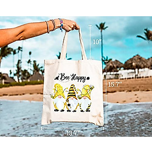GXVUIS Bee Happy Canvas Tote Bag for Women Cute Gnomes Reusable Travel Grocery Shoulder Shopping Bags Girls Funny Gifts White