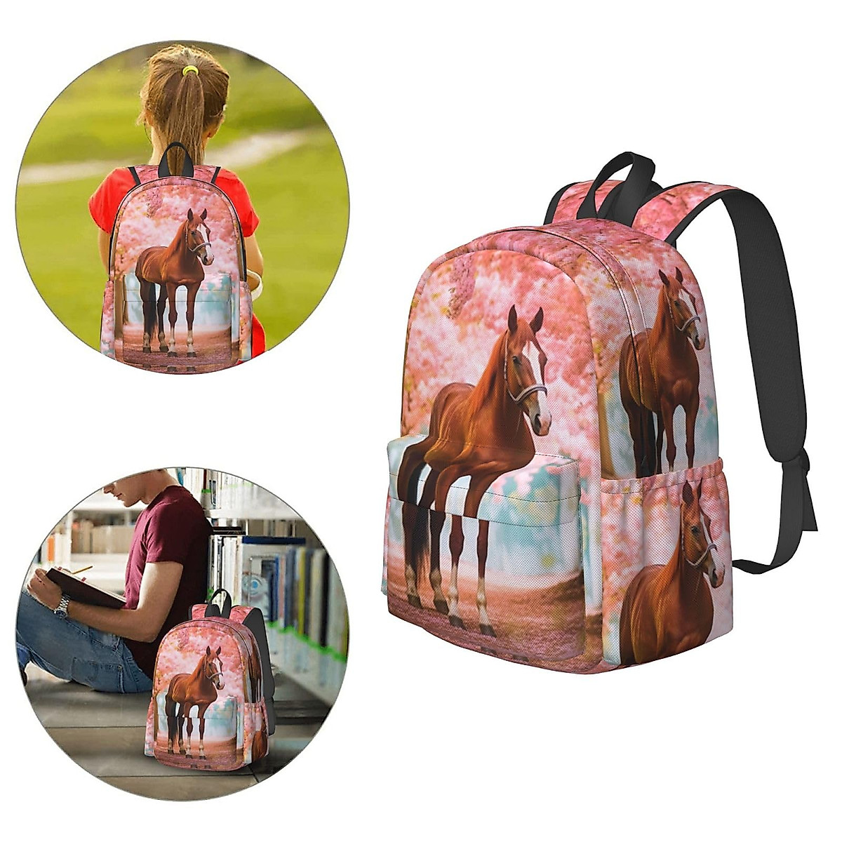 FeHuew 16 inch backpack 3D Horse Sakura Flowers Laptop Backpack Full Print School Bookbag Shoulder Bag for Travel Daypack
