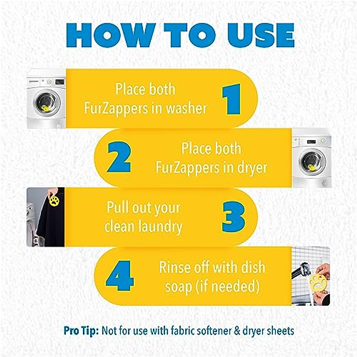 FurZapper Pet Hair Remover for Laundry, 4 Count - Reusable Dog & Cat Hair Remover Tool As Seen on Shark Tank - Removes Pet Fur, Hair, Lint, Dander from Clothes & Laundry - One FurZapper Per Pet