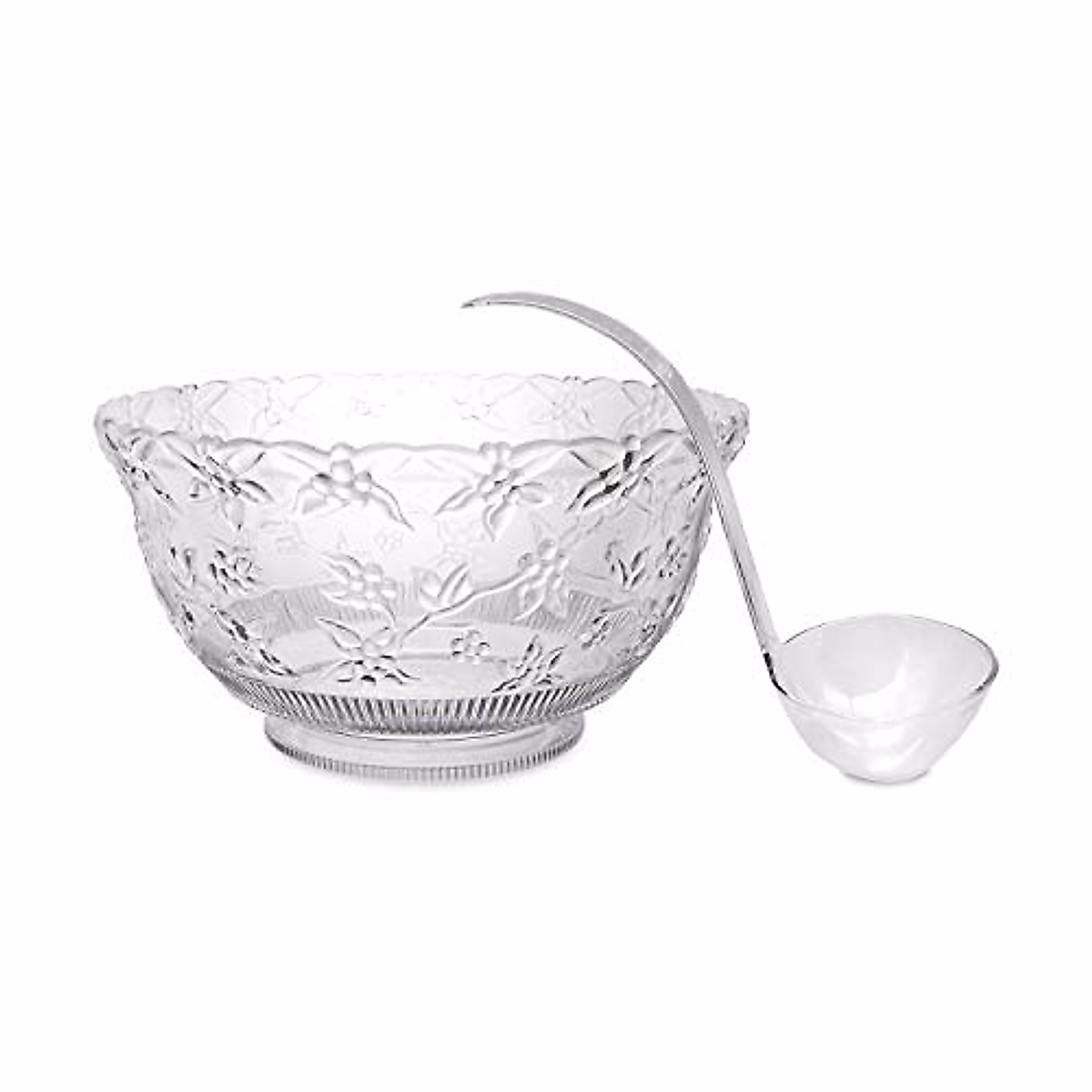 Party Essentials N080621L Hard Plastic Embossed Floral Serving Bowl for Punch/Salad/Snack/Treat, Clear, 8-Quart with ladle