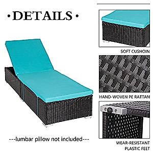 JSUN7 Outdoor PE Wicker Lounge Chair - Rattan Chaise Lounger with Blue Cushion and Adjustable Backrest Recliner