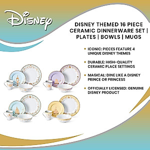 Disney Princess 16-Piece Dinnerware Set | Cinderella, Jasmine, Ariel, Belle