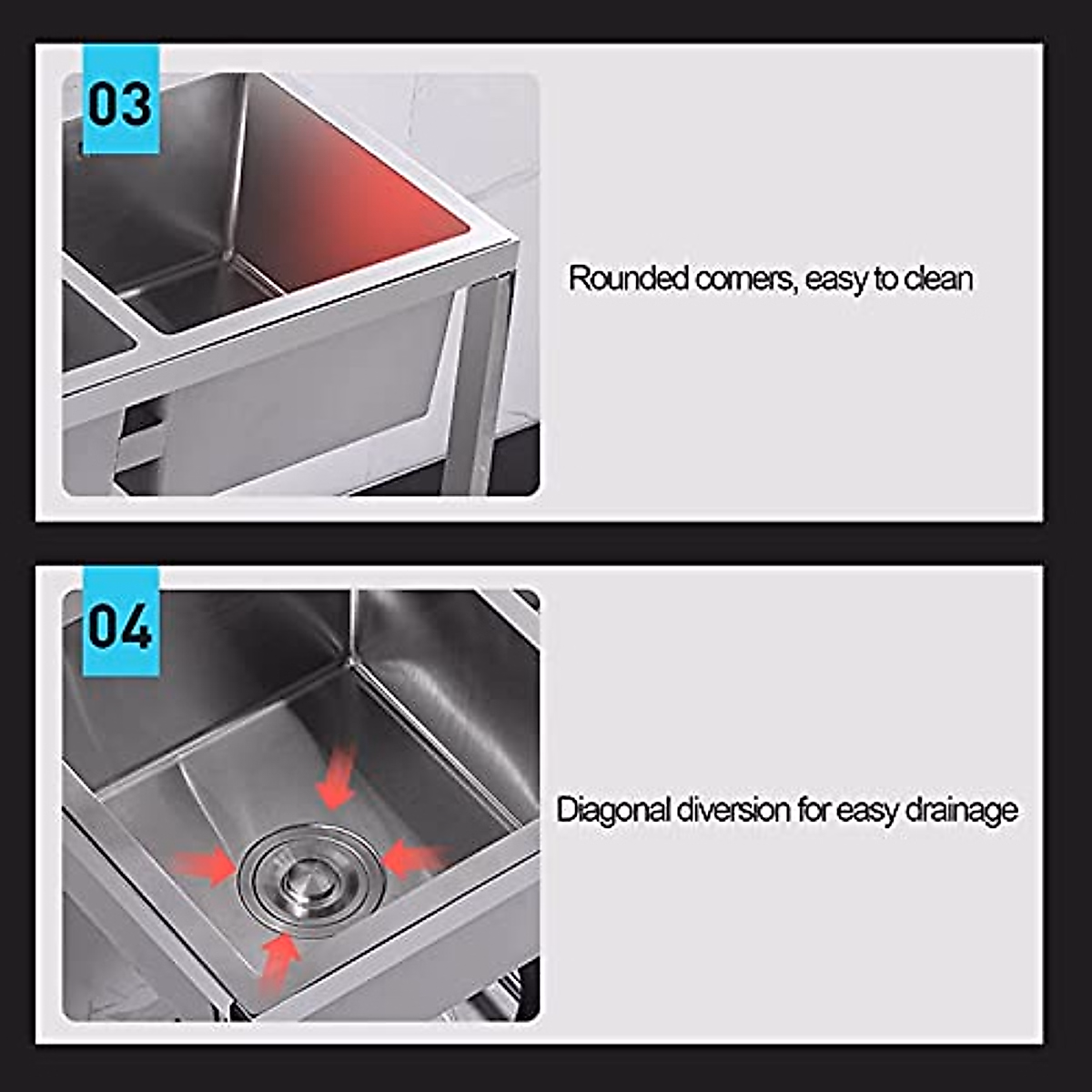 EMENG Commercial Sink with Faucet Stainless Steel Catering Sink Multifunctional Kitchen Wash Sink, Removable Storage Shelf, 2.0mm Thick, 56×46×75cm