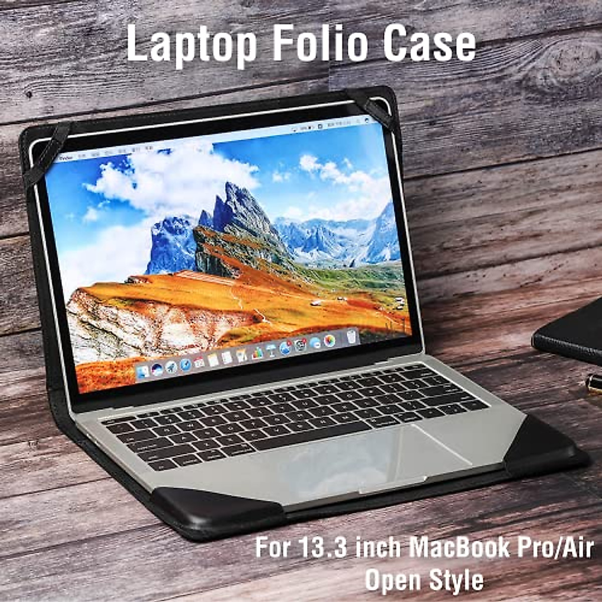 CataPurus Top Grain Leather 13.3" Slim Laptop Folio Case Protector, Vintage Open Style, Fully Handmade, Compatible with MacBook Pro 13.3" MacBook Air M1/M2 ZENBOOK 13.3" & Other PC, Black 13.3 Inch