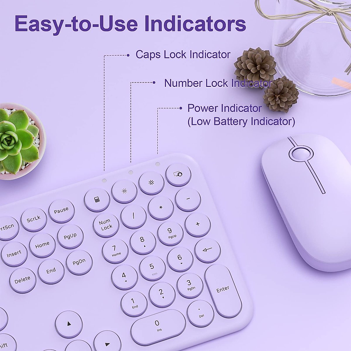 Mobifice Cute Keyboard and Mouse Wireless for PC Computer/Laptop/Windows/Mac/Tablets, Ultra-Thin 2.4GHz USB Cordless Full-Sized Silent Retro Computer Keyboard Mouse Combo (Purple)
